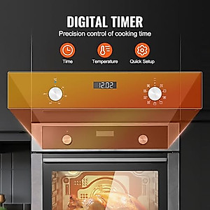 VEVOR Wall Oven, 24 inch Electric Built-in Wall Oven with 9 Cooking Functions, 2.68 Cu.Ft Convection Wall Oven with Digital Timer, Electric Single Wall Oven with Baking Rack and Tray, for Kitchen