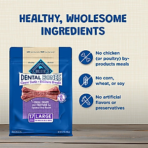 Blue Buffalo Dental Bones for Large Dogs 50 lbs. & Above, Daily Dental Dog Treats, Cleans Teeth & Freshens Breath, 27-oz. (17 Bones)