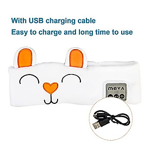 Olyre Over Ear Headband Headphones Cartoon Kids Headsets Comfort Sleeping Aid Volume Limited with Thin Speakers & Super Soft Stretchy Headband – White Rabbit