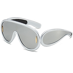 Breaksun Fashion Wave Mask Sunglasses for Women Men Oversized Silver Mirrored Futuristic Shield Sun Glasses Designer Style (Silver/Silver Mirror)