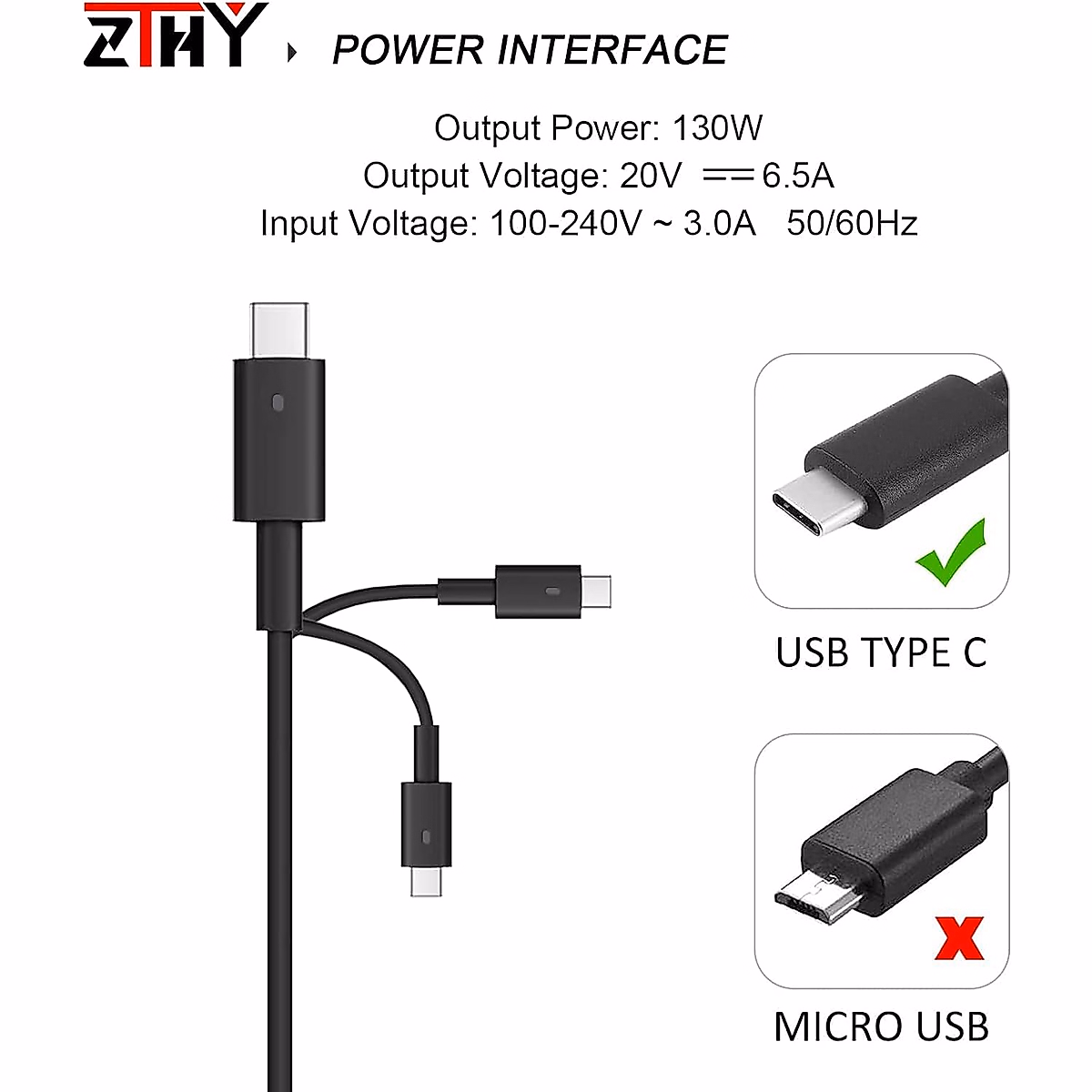 ZTHY 130W USB-C Type-C Laptop Charger Power Supply AC Adapter Replacement for Dell XPS 15 9500 XPS 17 9700 9700 9710 9720 9730 Precision 5750 5760 5770 5560 5550 5520 Latitude 7310 7210 9410 9510
