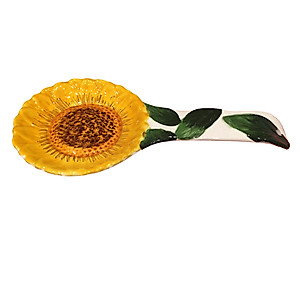 ACK Ceramic Hand Painted Tuscany 3D Sunflower Spoon Rest,Cooking Spoon Holder for Kitchen Counter, Utensil Rest for Spoon, Ladle, Spatula, Kitchen Décor