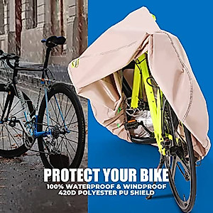 Bike Cover for 1 or 2 Bikes Outdoor Storage Waterproof Bicycle Cover for Transport on Rack, Rain Sun UV Dust Wind Proof with Wind-Secure Strap & Storage Bag, 420D Heavy Duty Bike Covers, Khaki