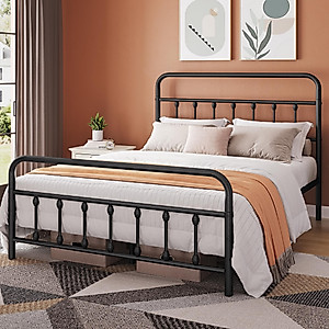 Topeakmart Full Size Victorian Style Metal Bed Frame with Headboard/Mattress Foundation/No Box Spring Needed/Under Bed Storage/Strong Slat Support Black