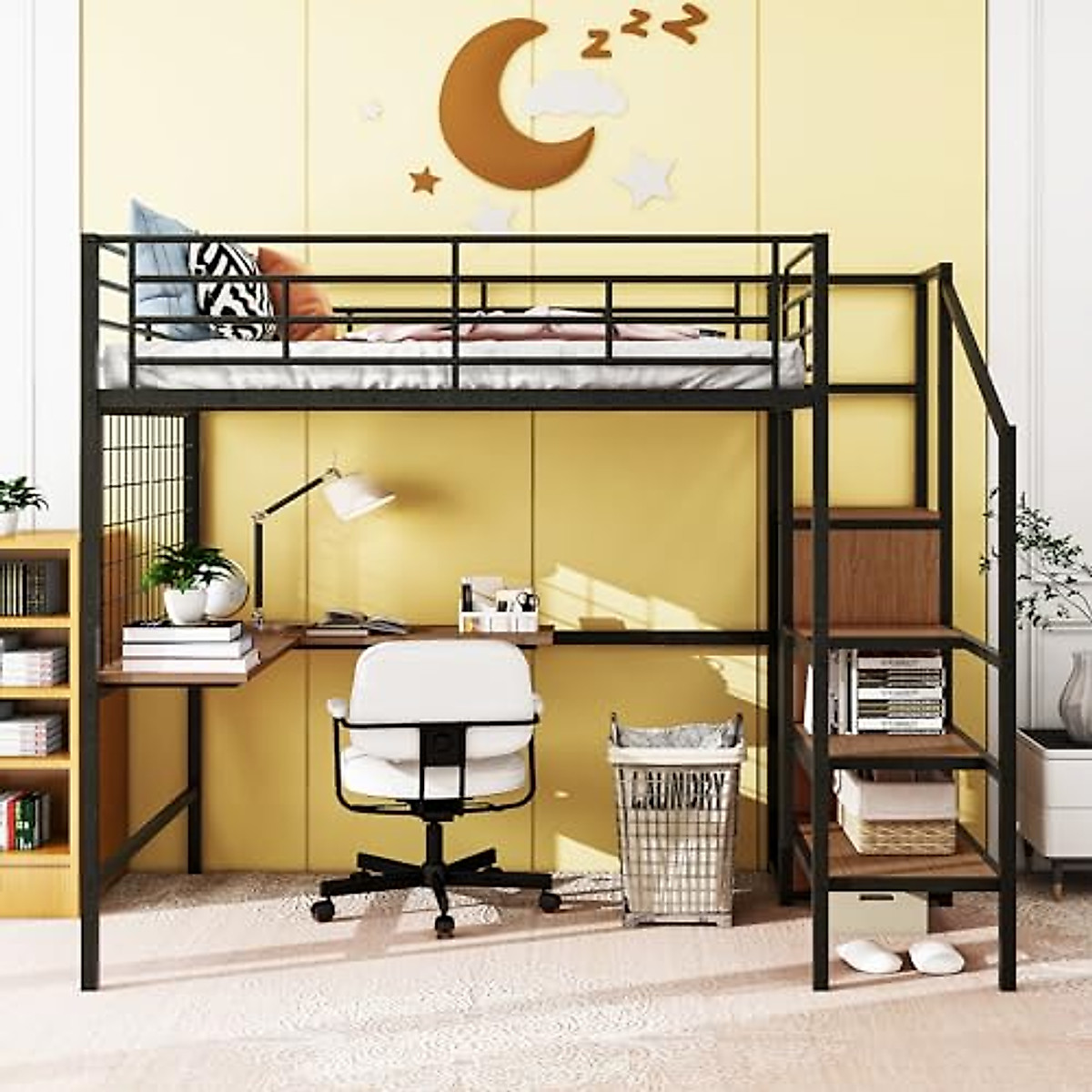 EMKK Full Size Metal Loft Bed with Desk and Metal Grid, Stylish Metal Frame Bed with Lateral Storage Ladder and Wardrobe,Loft Bed for Kids, Teens - Creative Haven for Study and Sleep