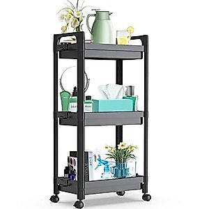 3 Tier Utility Rolling Cart, Rolling Storage Cart with Lockable Caster Wheels, Detachable Bathroom Organizer Cart with Handle, 8 Hanging Hooks, Easy Assembly, for Kitchen, Bathroom, Office, Black