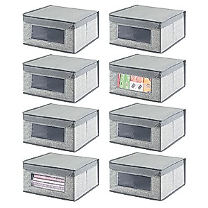 mDesign Medium Fabric Stackable Closet Storage Organizer Box with Front Window/Lid for Bedroom, Office, Mudroom Organization, Hold Clothes, Blankets, Linens, Lido Collection, 8 Pack, Gray