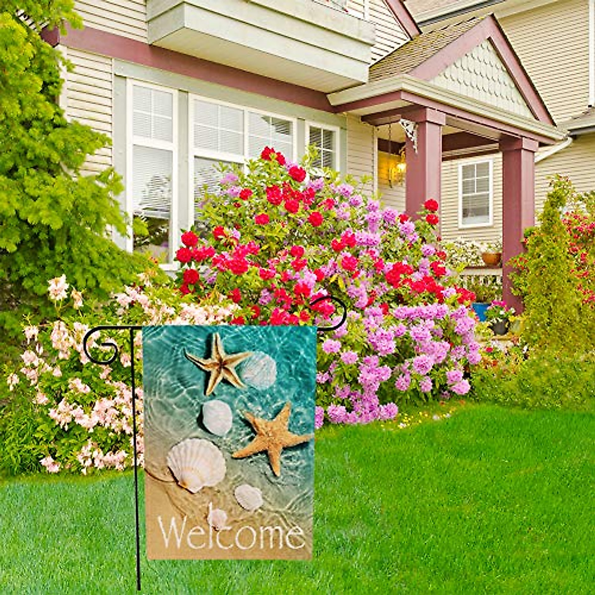 Welcome Beach Garden Flag Starfish and Seashell Double Sided Decorative Sea Small Summer Fall Yard Decor Flags for Outdoor Decoration 12 X 18 Inch