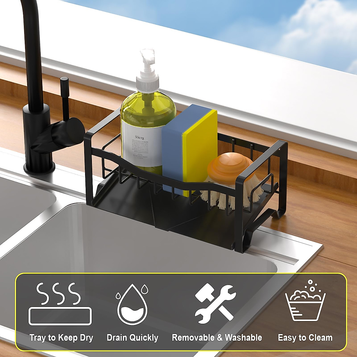 Maifan Kitchen Sink Caddy Organizer Sponge Holder for Kitchen Sink with Stainless Steel Auto Drain Tray, Self Drain Dish Soap Sponge Caddy Rack for Kitchen Countertop Storage Gadgets Accessories