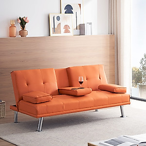 Anwickhomk 67" Multifunctional Double Folding Sofa Bed with 2 Cup holders,Leather Couch Loveseat Sleeper with Removable Armrests,Convertible Folding Couches Bed for Office Small Spaces (Orange)