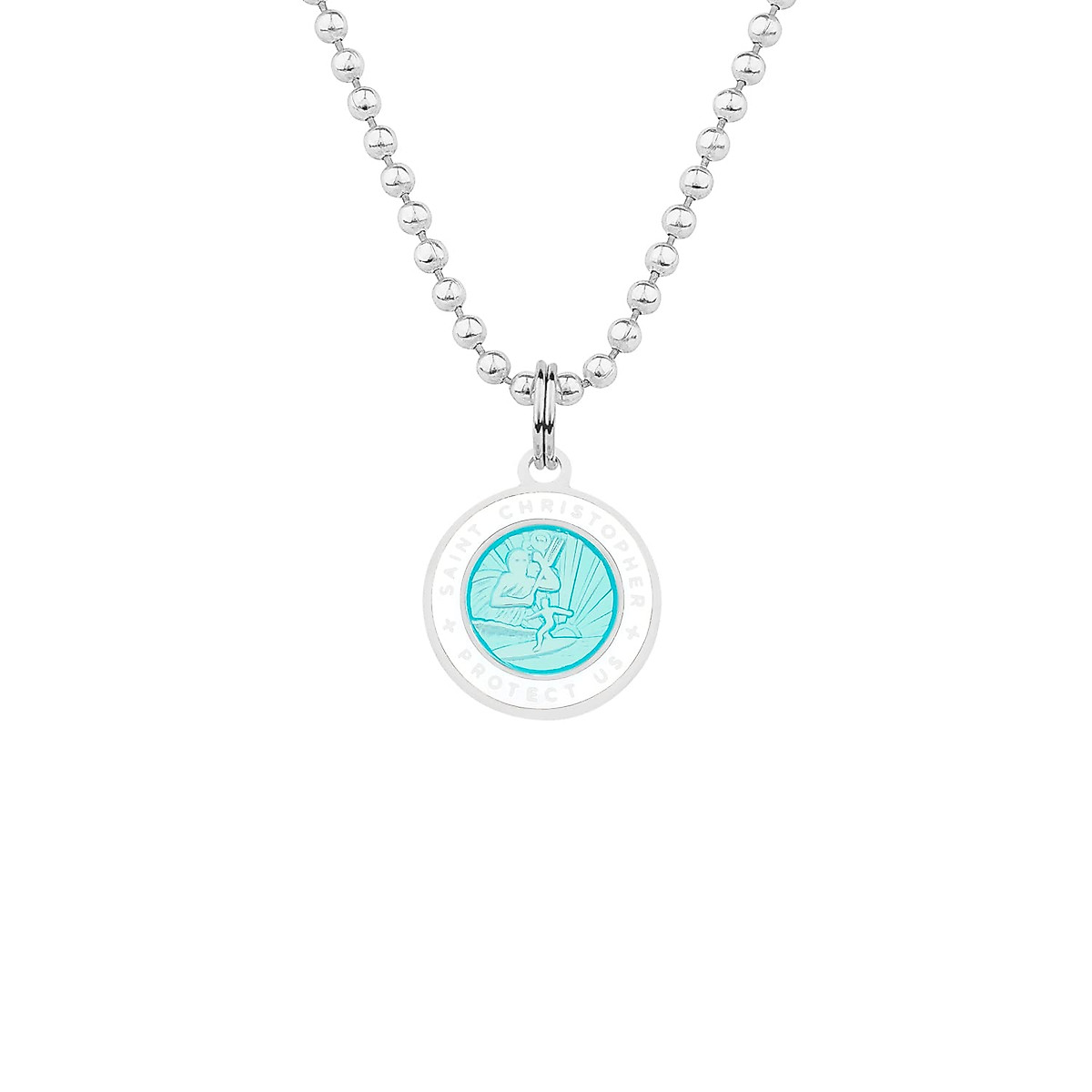 Get Back Necklaces St. Christopher Surf Necklace | Small, ½” Silver Plated Medallion, 18” Aluminum Ball Chain (Aqua White)
