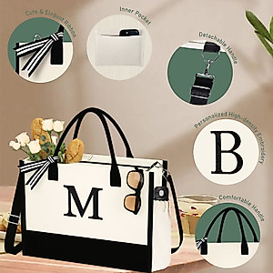 QLOVEA Canvas Beach Tote Bag for Women 16oz Personalized Tote Bag with Shoulder Strap&Zipper&Pockets, Embroidery Initial Canvas Bag for Bridal Shower Hostess Birthday Female Friend Letter H