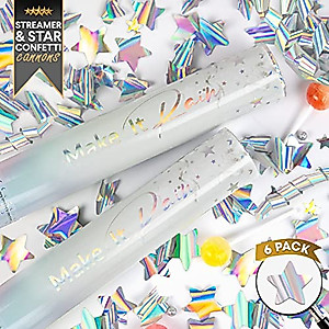 Confetti Cannon - 6 Pack Holographic Silver Party Poppers Confetti Shooters | 2x Streamer Poppers and 4x Star Confetti Poppers Bulk | Confetti Bomb Party Poppers for Celebrations | Confetti Gun for Birthday, Graduation, New Years Eve, Wedding, Photo Shoot