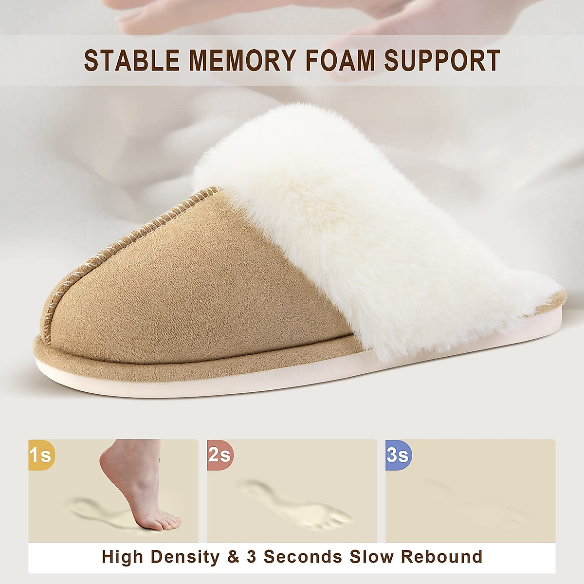 Parlovable Women's Slippers Fuzzy Warm Comfy Faux Fur Slip-on Fluffy Bedroom House Shoes Memory Foam Suede Cozy Plush Breathable Anti-Slip Indoor & Outdoor Winter Beige 7-8