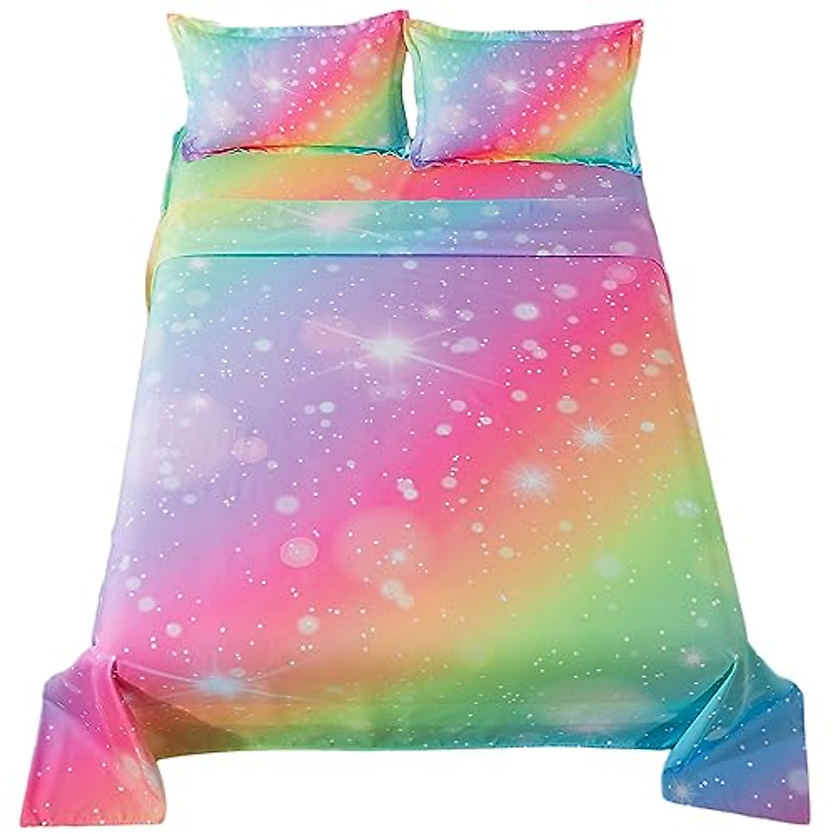 ADASMILE A & S Rainbow Fitted Sheet for Girls 4 Pieces Rainbow Sheets Full for Kids Tie Dye Pastel Glitter Rainbow Bed Sheet for Kids Teens Girls Rainbow Bedding for Girls Sheets with Sparkling Star