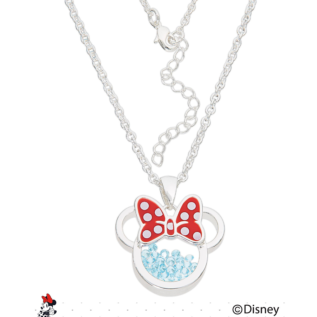 Disney Birthstone Women and Girls Jewelry Minnie Mouse Silver Plated March Aquamarine Light Blue Cubic Zirconia Shaker Pendant Necklace, 18+2" Extender