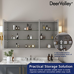 Deer Valley Medicine Cabinet with Mirror, 48" W x 26" H Bathroom Mirror with Storage, 3 Doors Frameless Modern Wall Mount Mirrored Medicine Cabinets with 2 Adjustable Shelves DV-1MC0149
