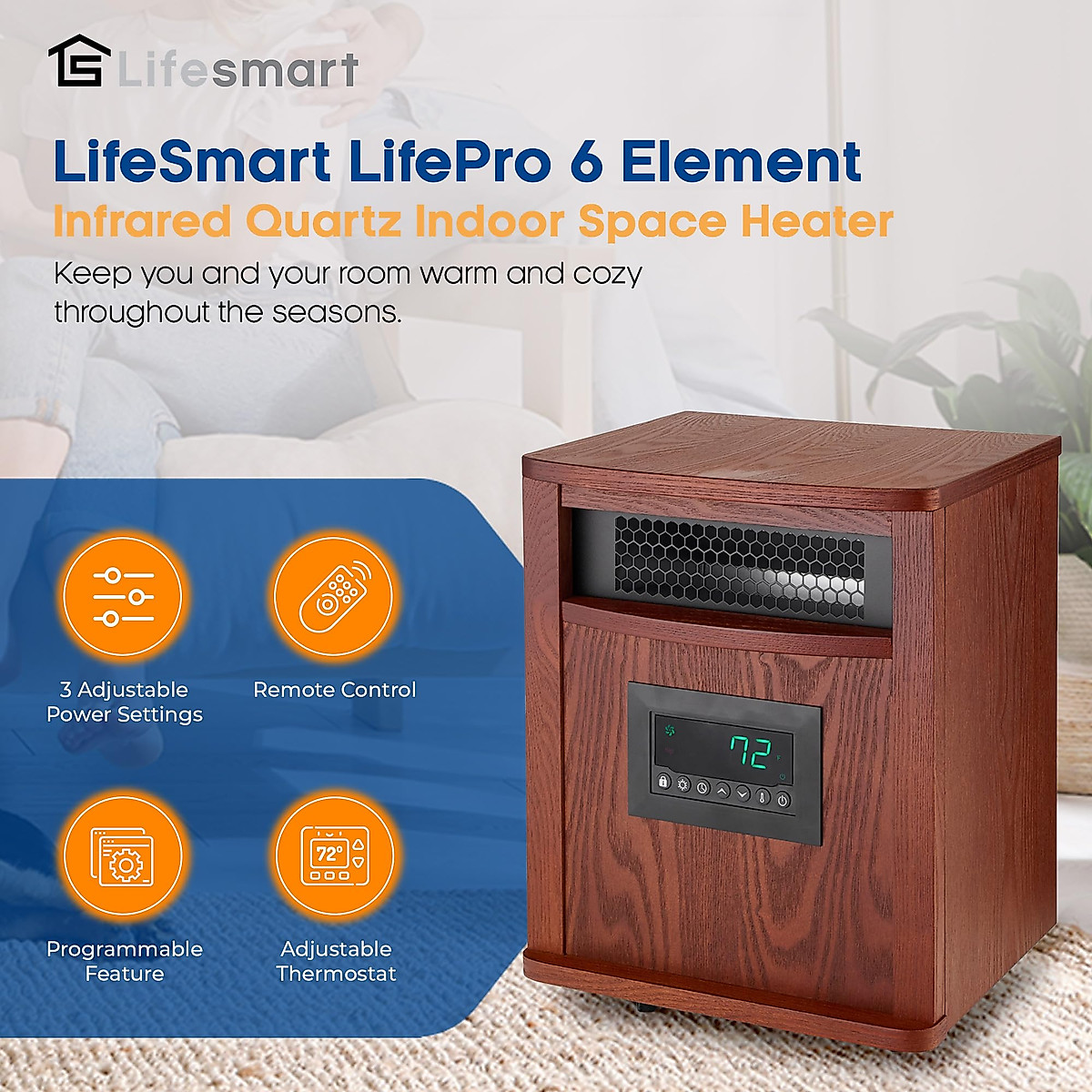 LifeSmart LifePro Electric Space Heater, 1500W Portable Infrared Quartz Heater with Remote, Brown