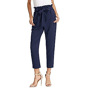 GRACE KARIN Women's Pants Trouser Slim Casual Cropped Paper Bag Waist Pants Navy Blue M