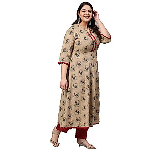 Yash Gallery Women's Cotton Blend Printed Anarkali Kurta (Beige)