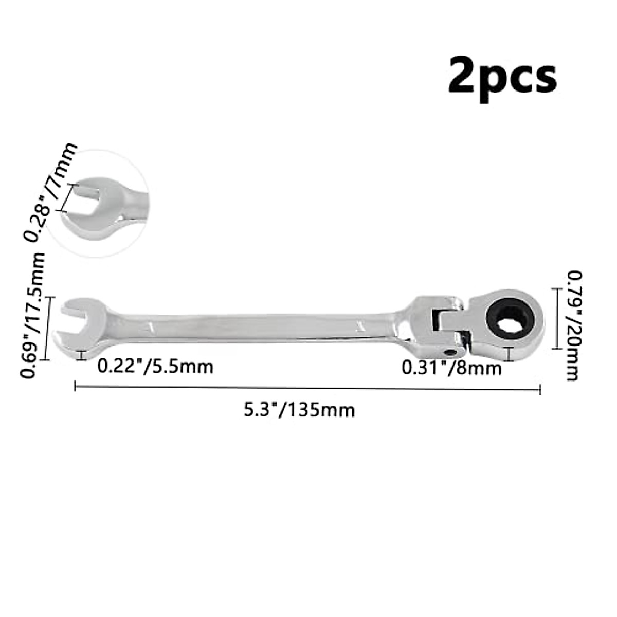 Rierdge 7mm 12 Point Flex Head Ratcheting Wrench, Metric Ratchet Wrench Set with 72 Teeth & 5°Movement for Tight Space, 2 PCS