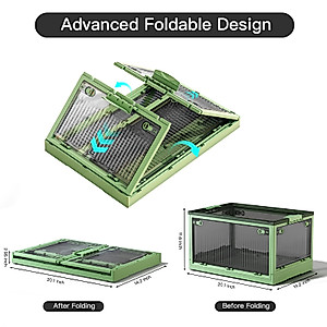 submatches Collapsible Lided Storage Box,Transparent Plastic Folding Box with 5 Doors Opening,54L Stackable Folding Bins with 4 Wheels,Green,1 Pack