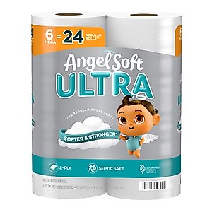 Angel Soft Ultra Toilet Paper, 6 Mega Rolls = 24 Regular Rolls, 2 Ply Toilet Tissue