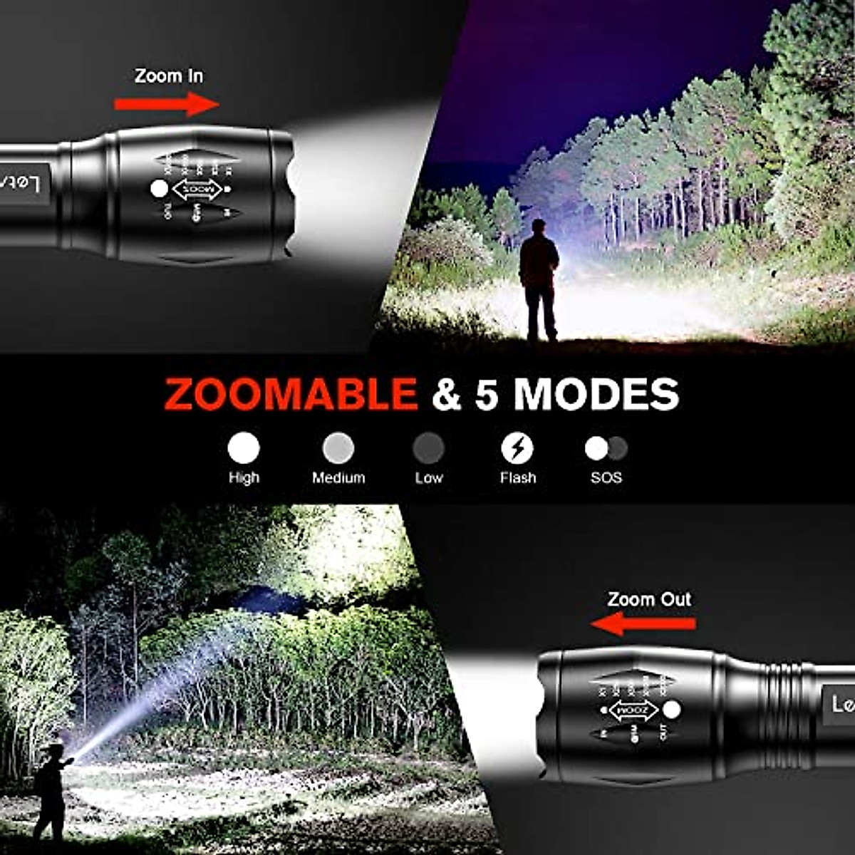 LETMY Tactical Flashlight S2000-2 Pack Bright Military Grade LED Flashlights High Lumens - Portable Handheld Flash Light, 5 Modes Zoomable Waterproof Flashlights for Home Emergency Camping Outdoor