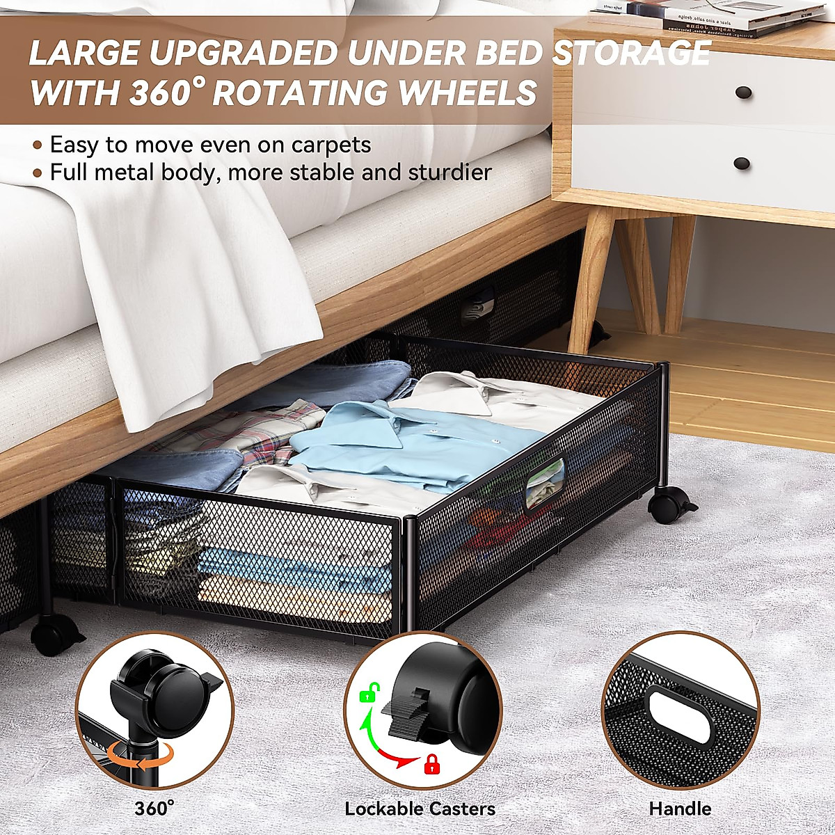 Under Bed Storage, Under the Bed Storage Containers with Wheels, Under Bed Shoe Storage Organizer Drawer, Tool-free Assembly Metal Underbed Storage Containers for Bedroom Clothes Shoes Blankets -4Pack