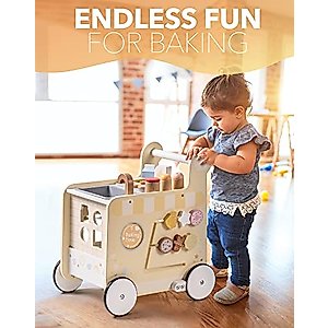 ROBOTIME Baby Push Walker Wooden Strollers,4 in 1 Multiple Activities Center Learning Activity Walker Toys, Suitable for Toddlers Kid 12Mos+ with Bakery Kitchen,Shape Sorter and Movable Slider