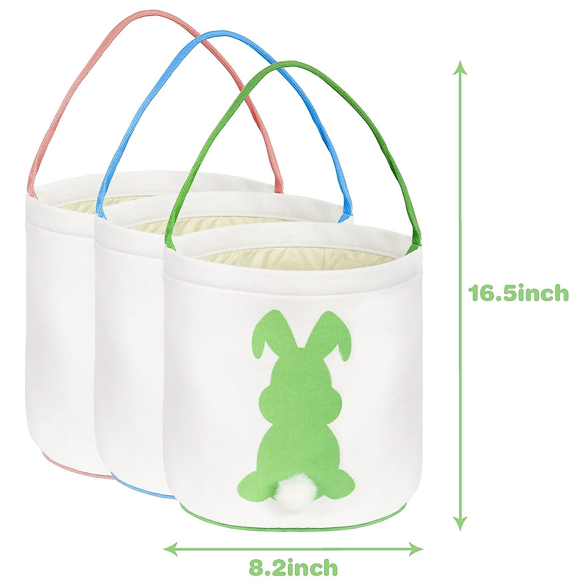 Ebingoo 3pcs Easter Baskets for Kids Empty with Handle,Bunny Personalized Easter Baskets for Boys Girls Easter Egg Hunt,Easter Canvas Tote Bag with Fluffy Tail