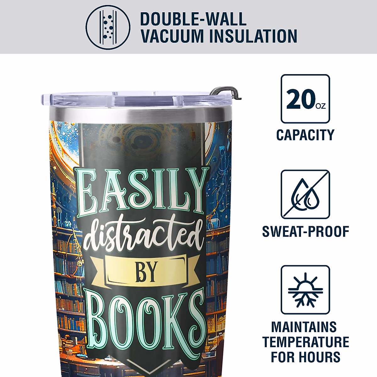 Bad Bananas Gifts for Book Lovers and Readers - 20oz Stainless Steel Tumbler - Easily Distracted By Books