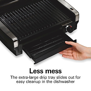 Hamilton Beach Electric Indoor Searing Grill with Adjustable Temperature Control to 450F, 118 sq. in. Surface Serves 6, Removable Nonstick Grate, Viewing Window, Stainless Steel