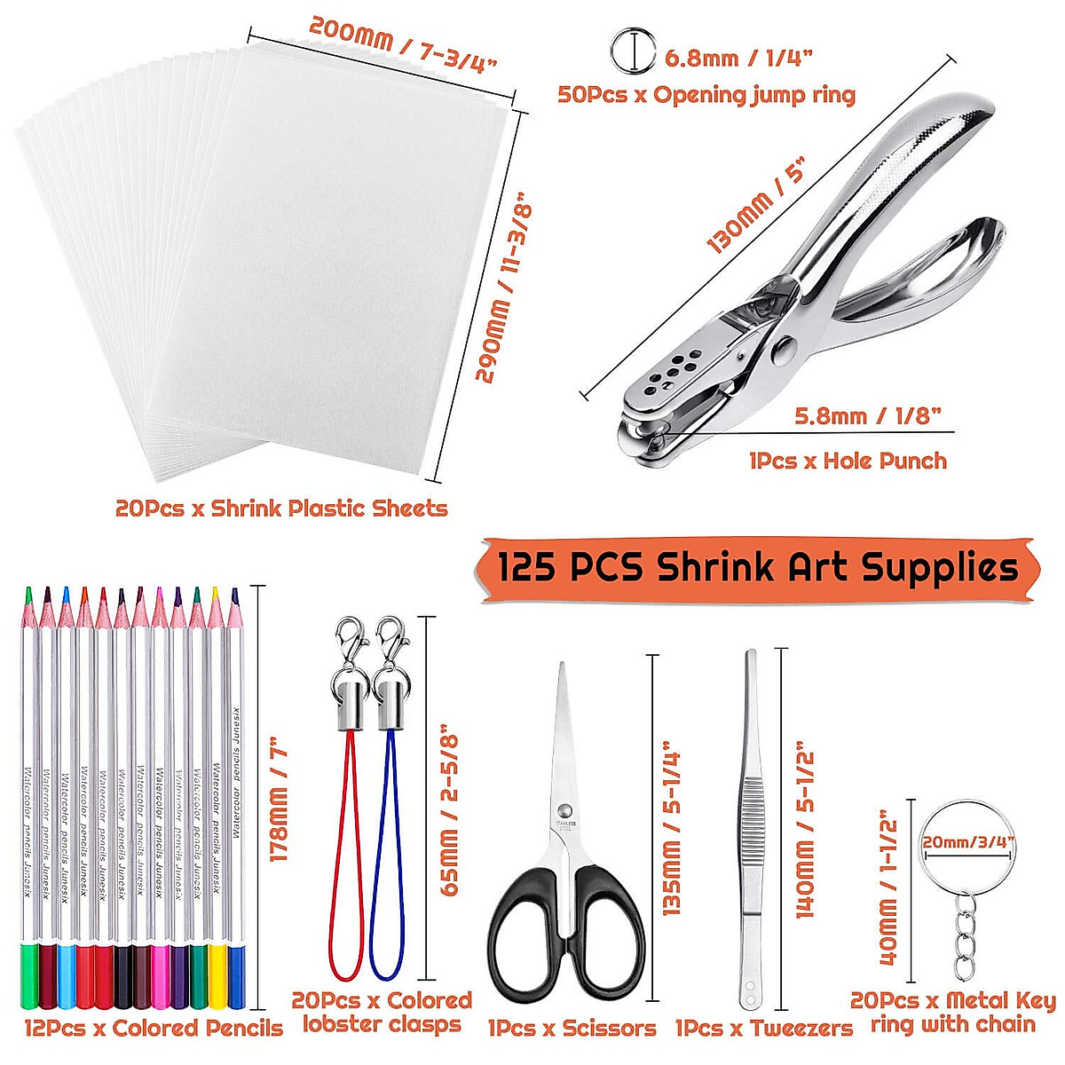 shynek Shrinky Plastic Sheets Keychain Kit, 125Pcs Shrinky Art Kit Including 20 Pcs Shrinky Paper Sheets, Hole Punch, Pencils, Keychains, Tweezers, Scissors for Crafts and Keychains