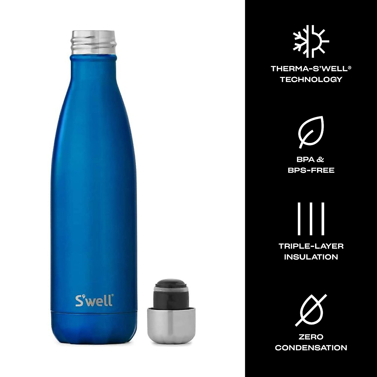 S'well Recycled Stainless Steel Water Bottle 17 Fl ounces Ocean Blue Triple-Layered Vacuum-Insulated Containers Keeps Drinks Cold for 36 Hours and Hot for 18 BPA-Free Perfect for On the Go
