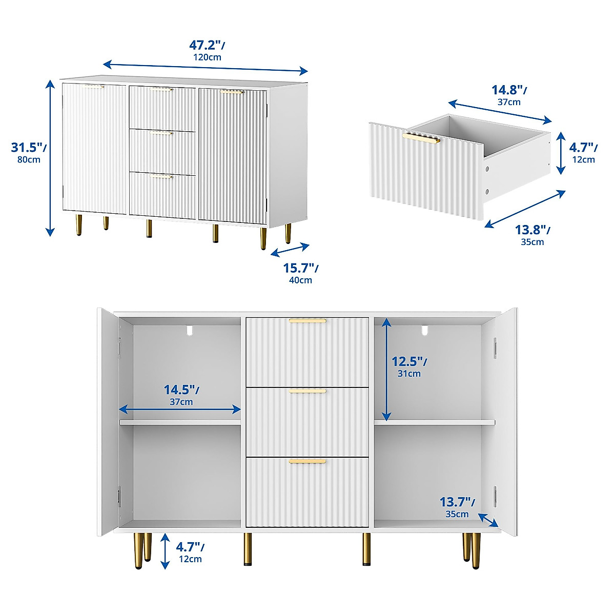 Cozy Castle 47.2" Buffet Cabinet, Large Coffee Bar Cabinet, Glossy Fluted Accent Sideboard with Adjustable Shelves, Credenza with Doors and Drawers for Living Room, Hallway, Kitchen, White