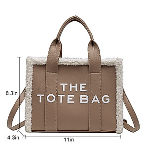 Womens Leather The Tote Bags Top-Handle Crossbody Bag with Fluffy Furry Cute Handbag for Travel Work (khaki,one size)