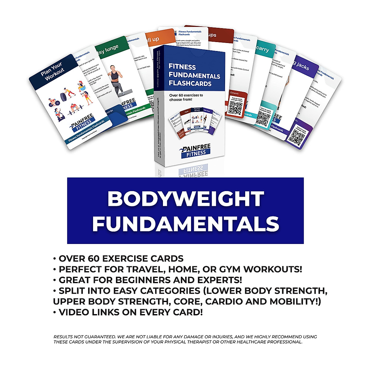 (65+ Cards) Fitness Fundamentals Flashcards Pain-Free Fitness, 3x5 in, Workout Cards Suitable for Safe Power Training, Strength Training, Tear-Resistant Flashcards with Video QR Codes