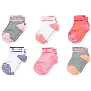 Reebok Girl's 6 Pack, 12 Pack Comfort Cushion Quarter Cut Socks (Infant/Toddler), Size 12-24 Months, Black (12 Pack)