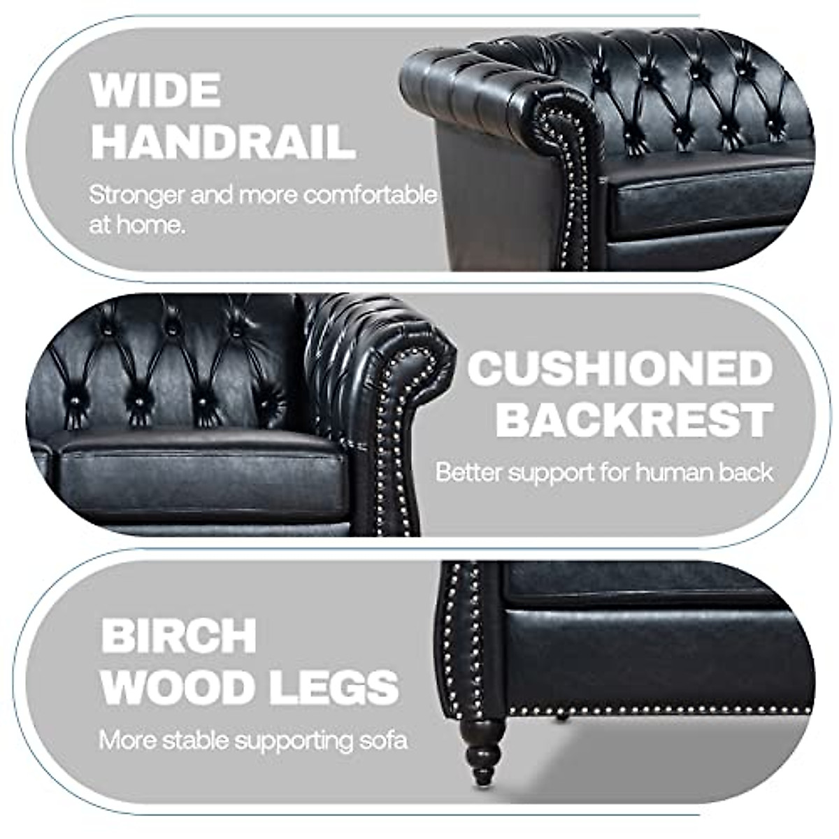 Vaztrlus Chesterfield Sofas for Living Room, Rolled Arm 3-Seater Leather 84" Large Couch Deep Button Nailhead Tufted Black Upholstered Couches for Bedroom, Office Apartment Easy to Assemble