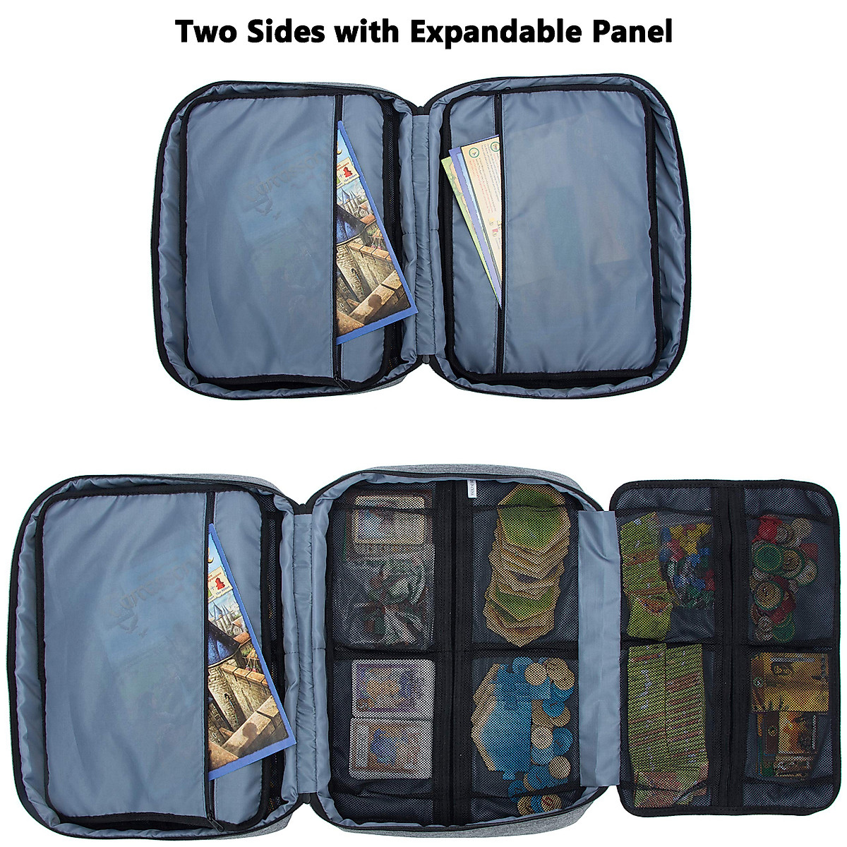 KISLANE Board Game Carrying Case with 18 pockets for Board Games, Pieces, Tokens, Cards and More, Expandable Board Game Storage Solution for Travel, Party, Gathering (Grey)