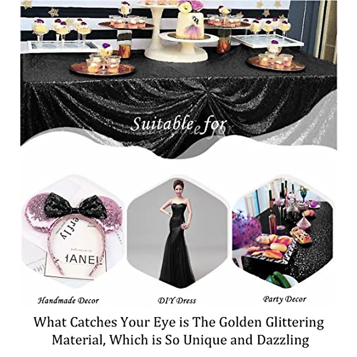 Sequin Fabric by The Yard 2 Yard Sparkly Fabric Mesh Sequins Fabric for Sewing Dress and Making Wedding Party Tablecloth Table Runner Decorations (2 Yard, Black)