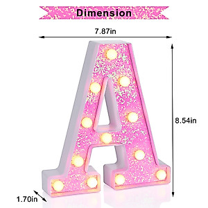 Foaky Pink Light Up Letters,Pink Party Decorations,Glitter Alphabet Letter Sign for Night Light Wedding Birthday Party Christmas Lamp Girls Gifts Home Bar Decoration（A）