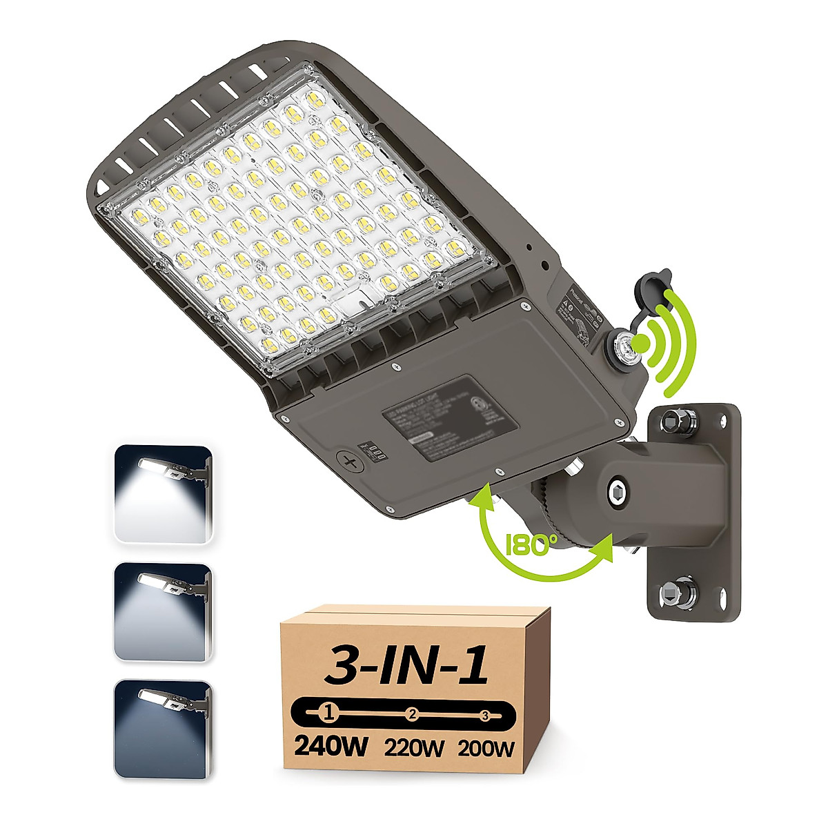 AULACE Parking Lot Light 240W/220W/200W Selectable, 38400LM (160LM/W) LED Parking Lot Light, 5000K LED Shoebox Light Dusk to Dawn Photocell, IP65 Street Light, Adjustable Arm & Slip Fitter in 1 Mount