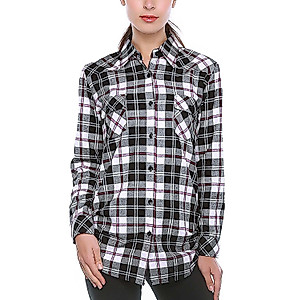Match Womens Button Down Flannel Plaid Shirts roll up Long Sleeve Shackets Business Blouse Top (Large, Checks#5)