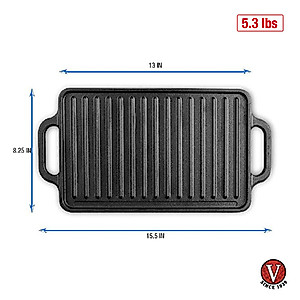 Victoria Rectangular Cast Iron Griddle. Double Burner Griddle, Reversible Griddle Grill, 13 x 8.5 Inch, Seasoned with 100% Kosher Certified Non-GMO Flaxseed Oil, Model: GDL-189