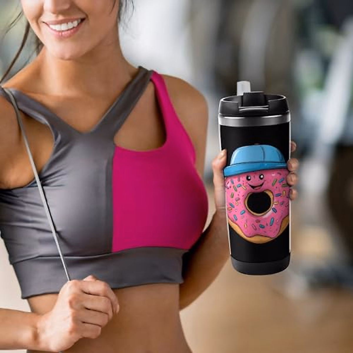 Cute Doughnut Donut Wearing Hat Travel Coffee Mug Reusable Insulated Drinking Cup with Lid for Home Outdoor Works 13 Oz