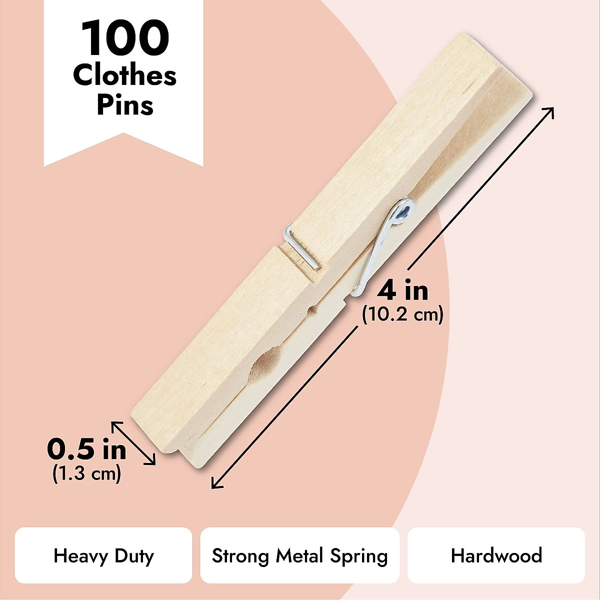 100-Pack Large Wooden Clothespins for Laundry, 4-Inch Heavy-Duty Wood Clips with Metal Springs for Hanging Clothes, Photo Displays, Arts and Crafts, Bulk (Brown)