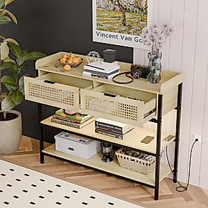 Rattan Console Table Boho Entryway Table Narrow Long Sofa Table Hallway Foyer Table Behind Couch Table with 2 Drawers and Sockets Storage Shelf LED Lights for Living Room and Corridor (Wood)
