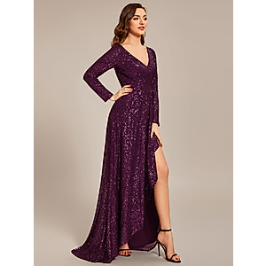 Ever-Pretty Women's Sexy Deep V-Neck Long Sleeves Slit Sequin Cocktail Dresses Dark Purple US10